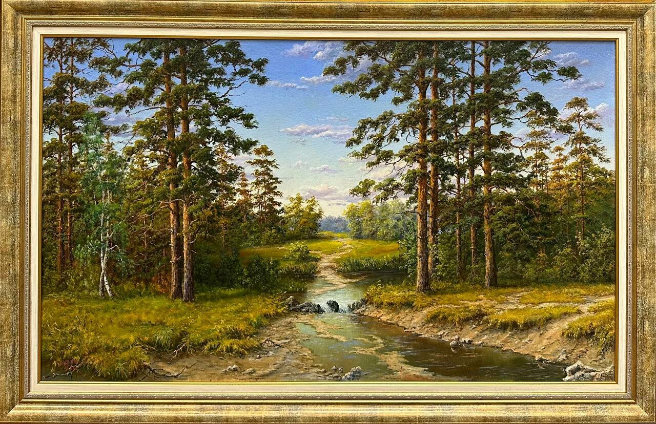 Картина маслом, летний пейзаж "Летняя речка"