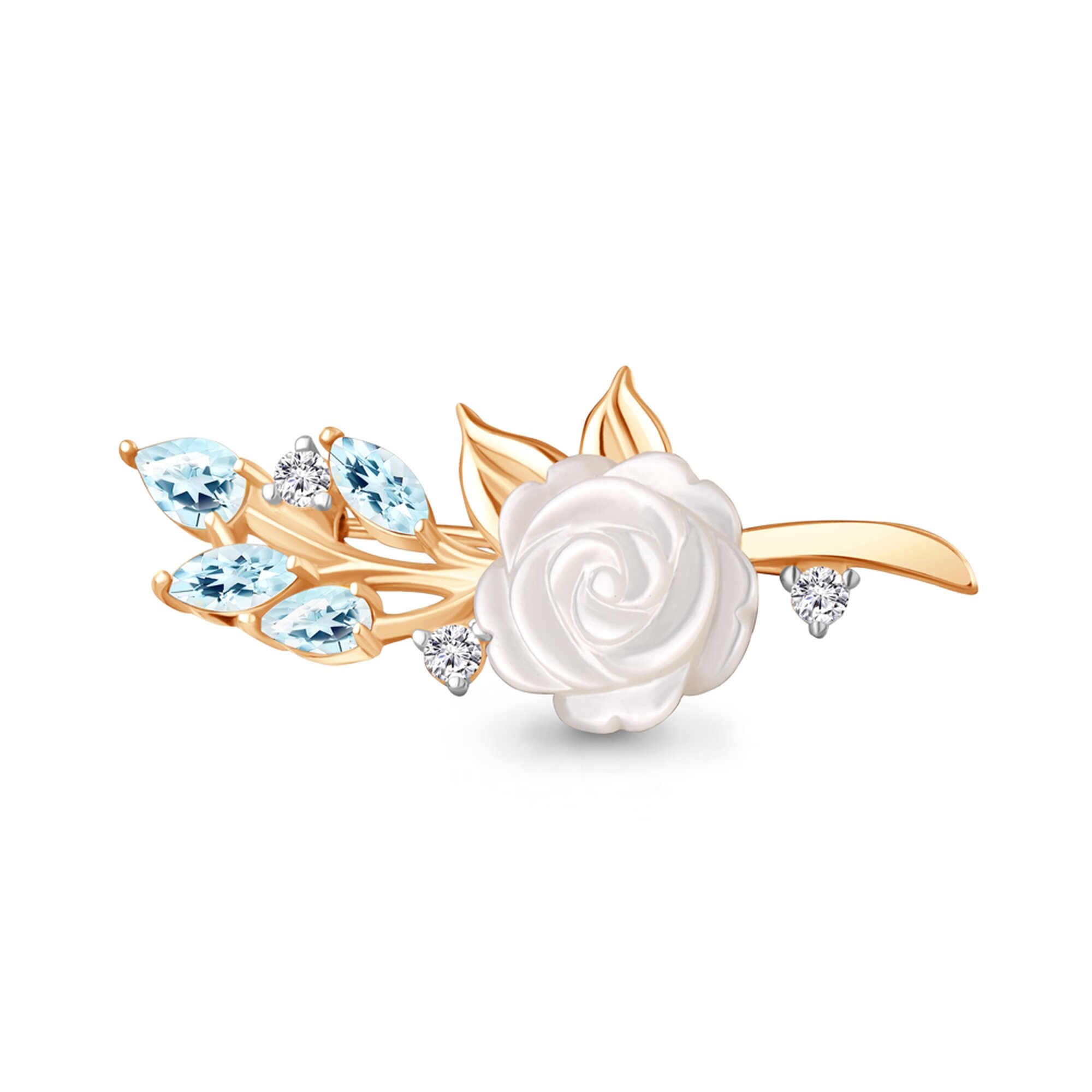 Брошь, серебро, 925 проба, золочение, топаз, фианит, перламутр