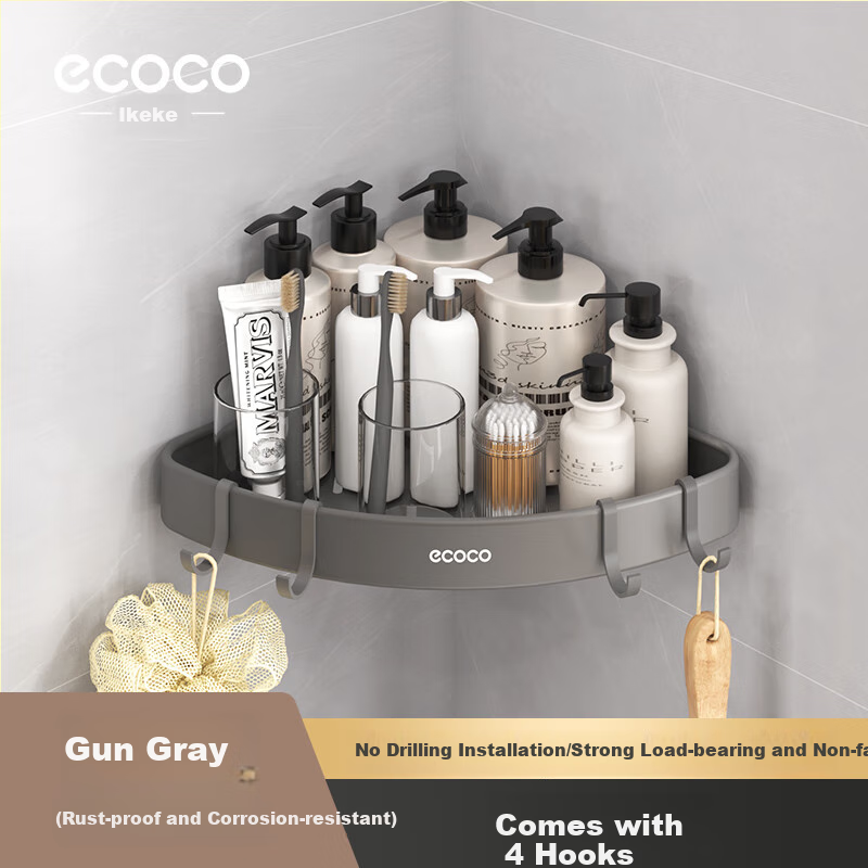 Ecoco Cocoa No-Punch Bathroom Triangle Storage Rack Wall-Mounted Bathroom Washstand Storage Rack E24018 Gray