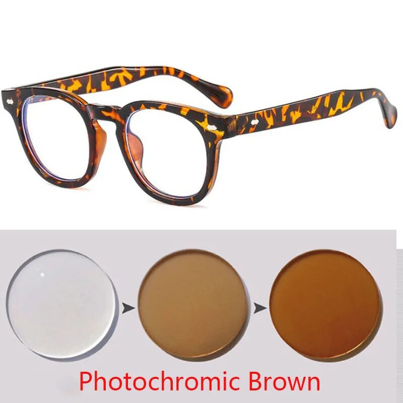 Очки BINSYSU круглые, оправа leopard frame tea, фотохромные коричневые линзы, Myopia -250