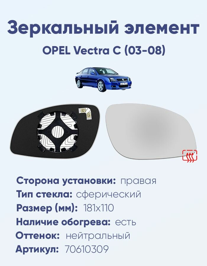 Зеркальный элемент правый OPEL Vectra C (03-08) сфера нейтральный с обогревом
