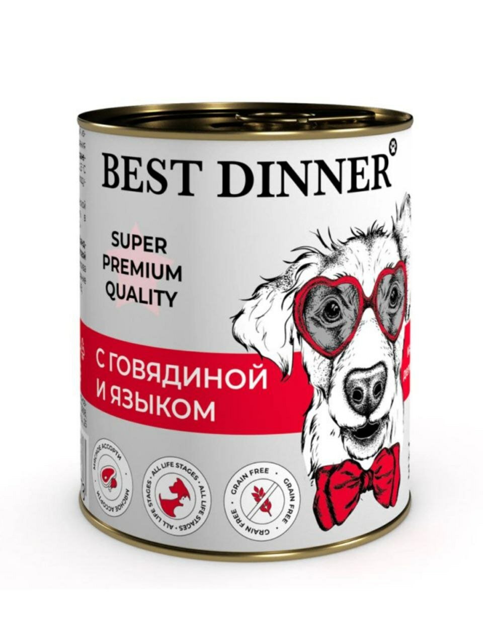 Бест Диннер консервы Мясные деликатесы для взрослых собак и щенков с 6 мес, говядина и язык, 340г х 6шт