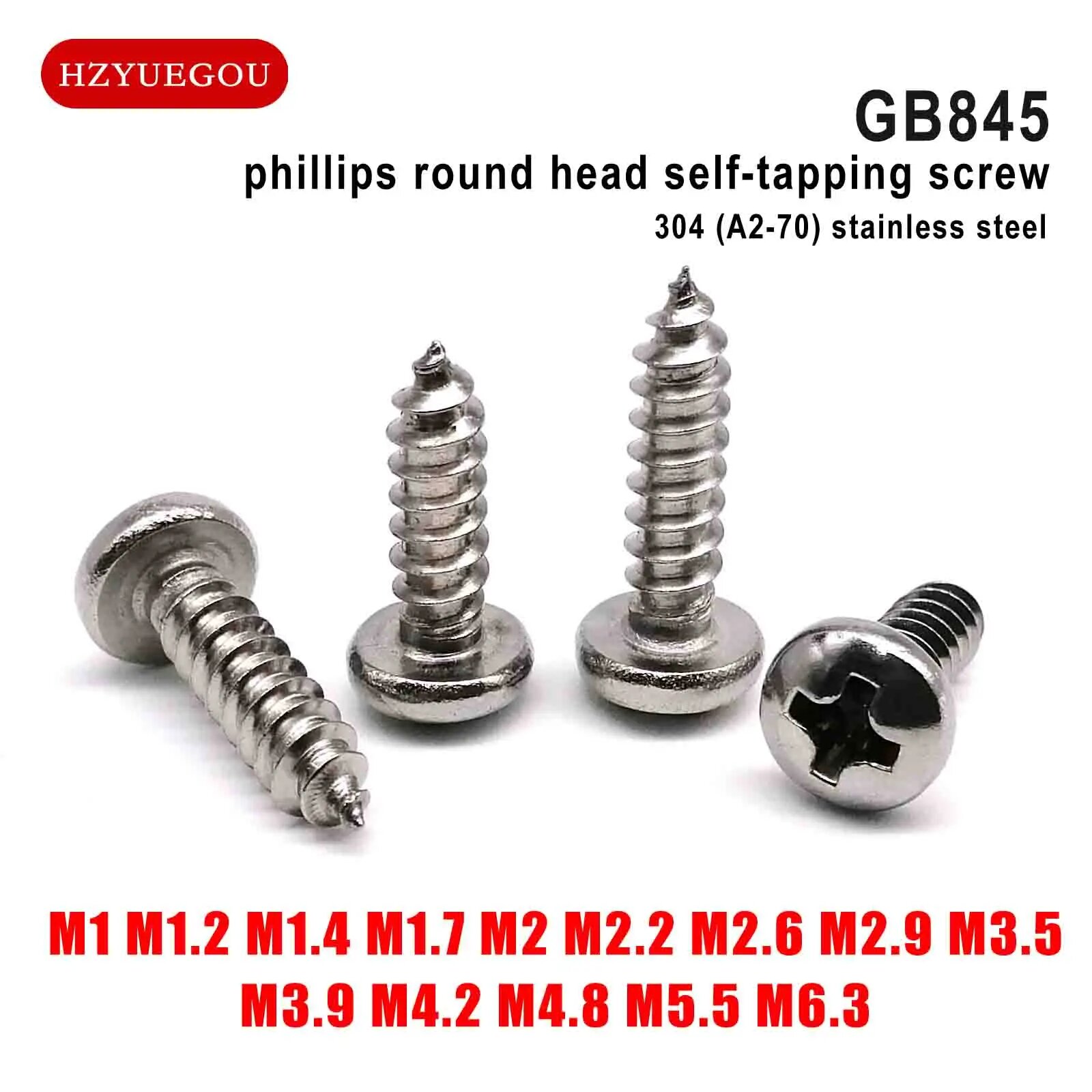 Саморезы HZYUEGOU из нержавеющей стали 304 10pcs M6.3, 25mm