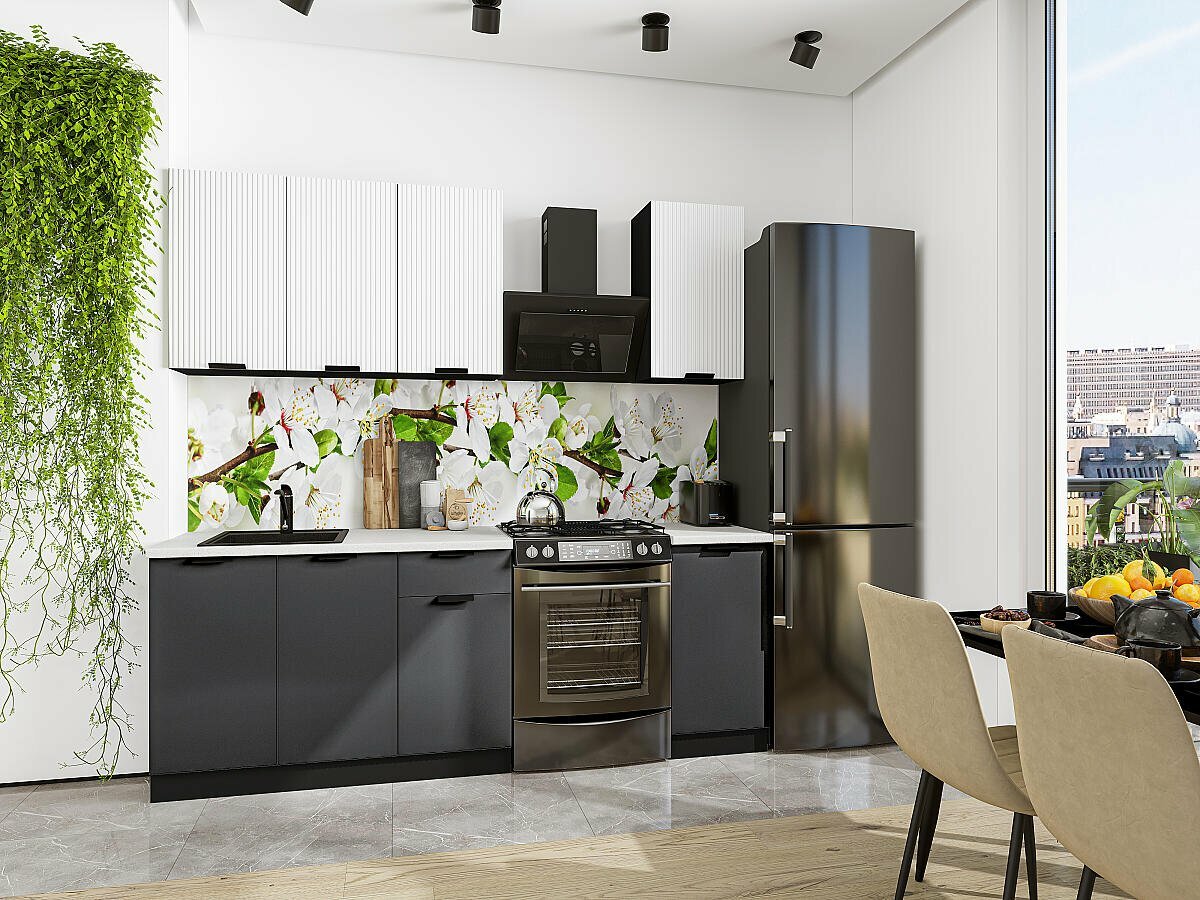 Кухня Евро Лайн-06, цвет фасада Белый/Антрацит, цвет каркаса Graphite, 2140*1400*600 мм