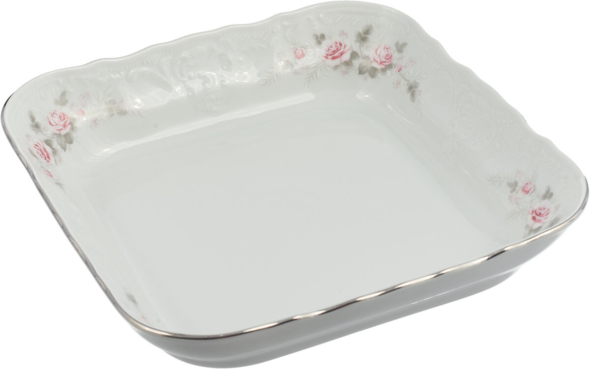 Салатник квадратный 25 см; "Bernadotte", декор "Бледные розы, отводка платина", Thun/ БТФ0292