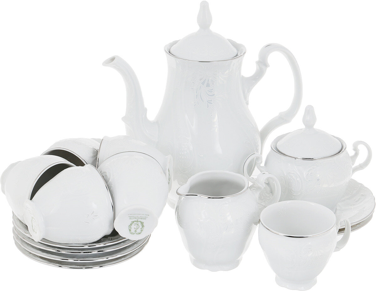 Кофейный сервиз 6/9; "Bernadotte", декор "Деколь, отводка платина", Thun/ БТФ0189