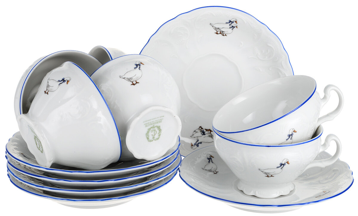Чашка 205 мл с блюдцем 155 мм низкая; "Bernadotte", декор "Гуси", 6 пар, Thun/ БТФ0384