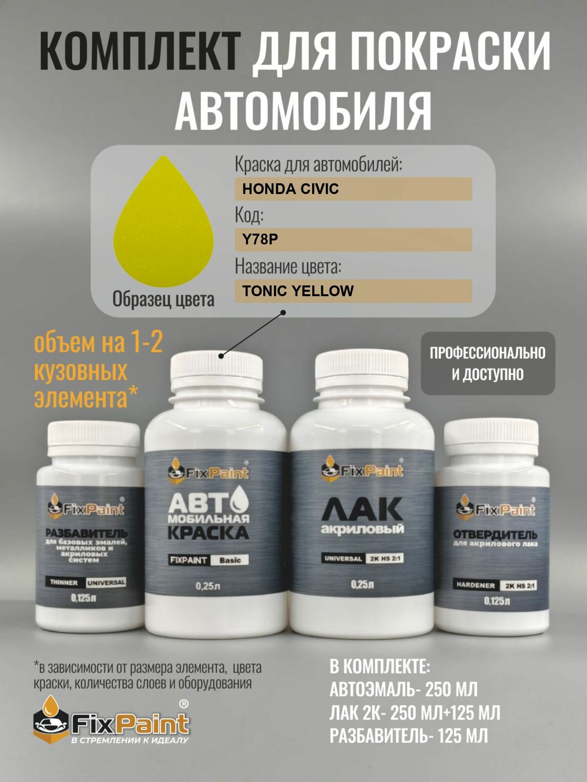 Комплект для покраски HONDA CIVIC, код Y78P, TONIC YELLOW, базовая автомобильная эмаль 250 мл, лак 2K 250 мл с отвердителем, разбавитель 125 мл, FixPaint Pro