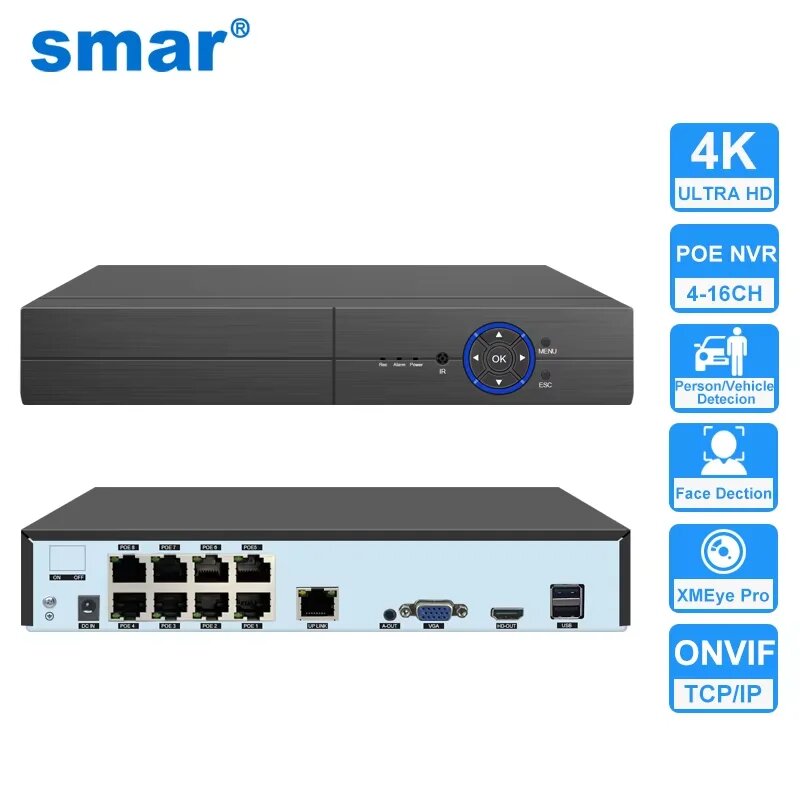 Smar H.265 POE NVR 4CH/8CH/16CH Сетевой видеорегистратор с распознаванием лиц