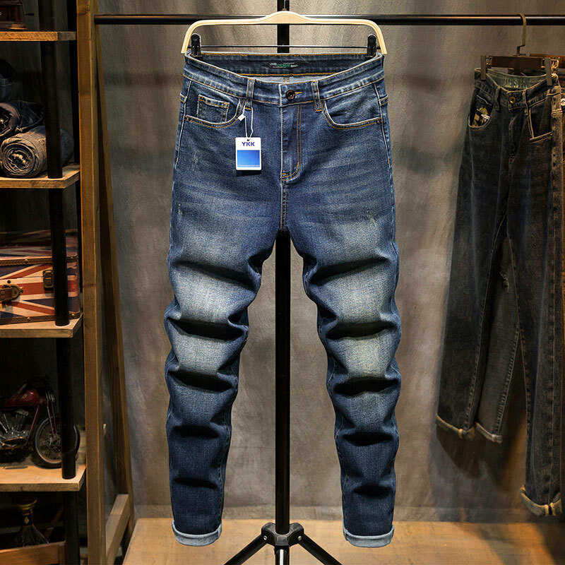 Охоты Брюки JYL Чистый цвет Нов. продукт джинсы муж. свободн. плус толст. размер эластич. ретро Харлан коротк. нога штаны европей. американ. муж. одеждаСиний/46