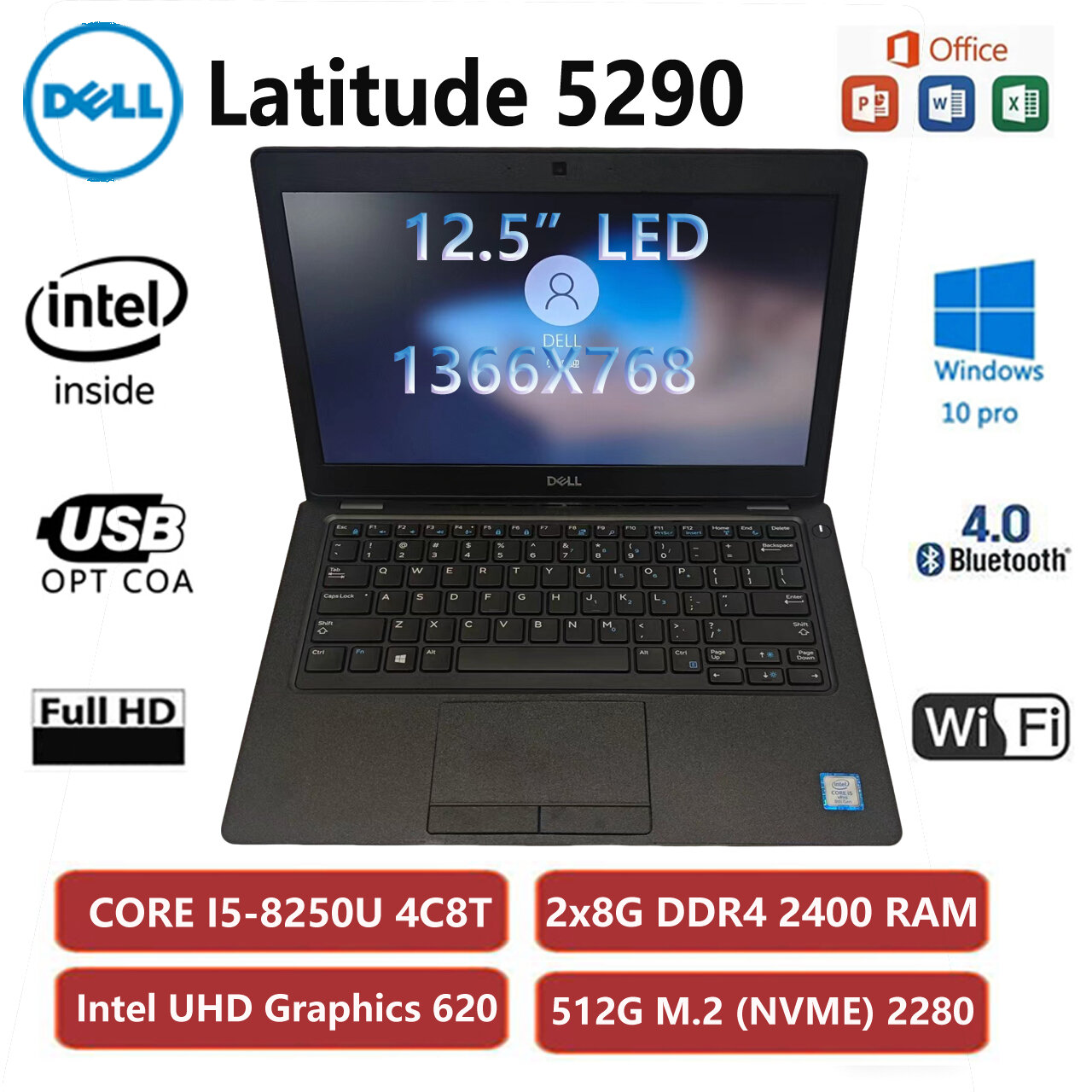 ноутбук 12.5" DELL Latitude 5290( CORE I5-8250U+2X8G DDR4 2400 RAM+512G M.2 NVME SSD+Intel UHD 620 Видеокарта+1366X768 IPS) Win 10 pro