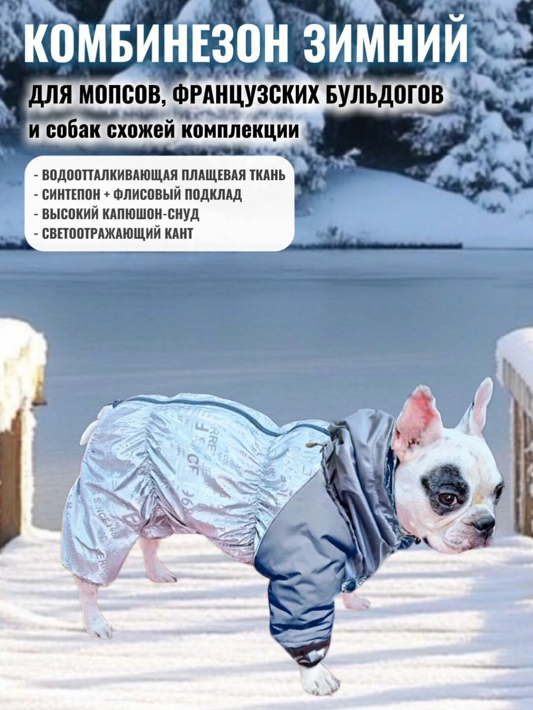 Комбинезон зимний для французских бульдогов и пород схожей комплекции, серебро, ФР-2