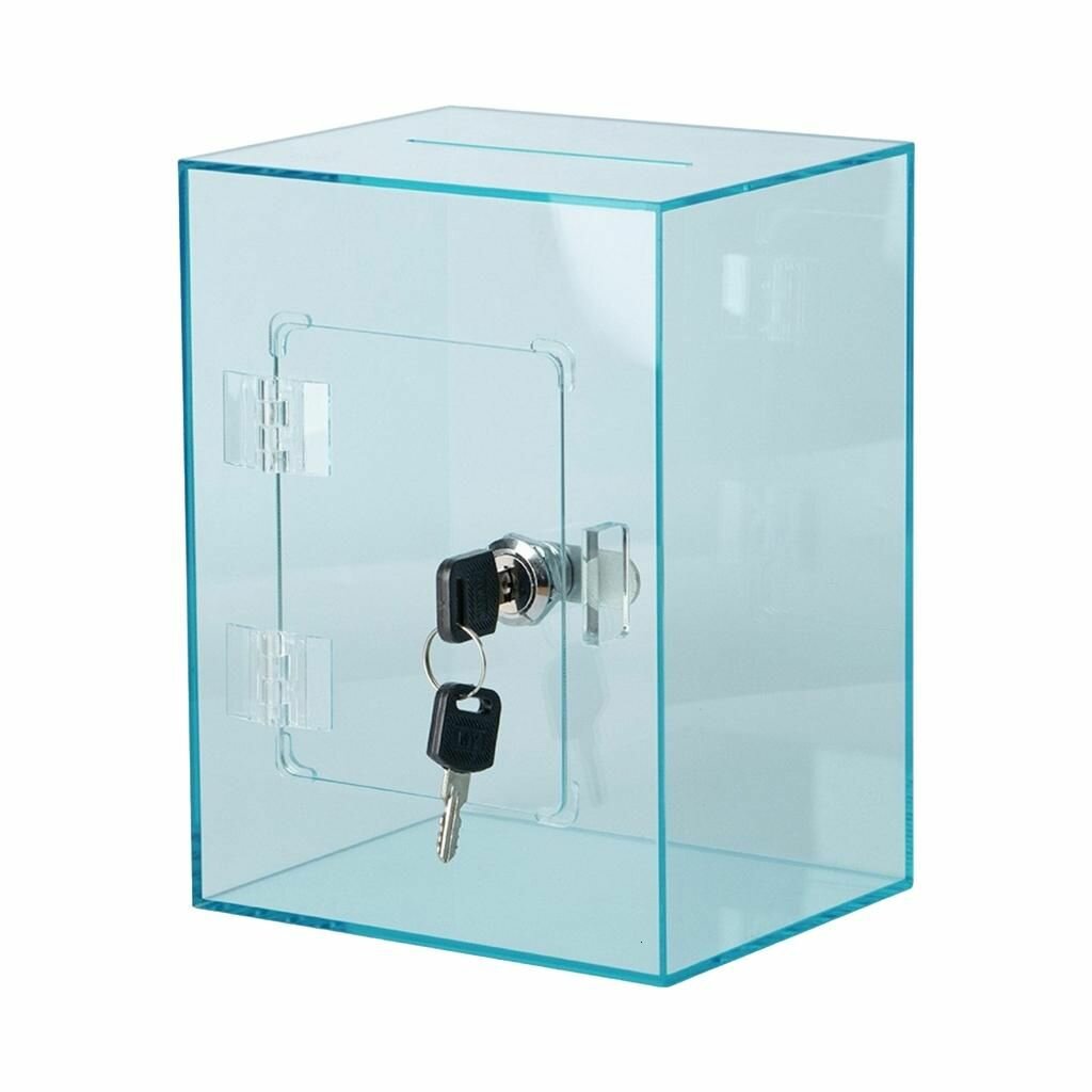 Прозрачная копилка-куб из акрила с ключом, Синий