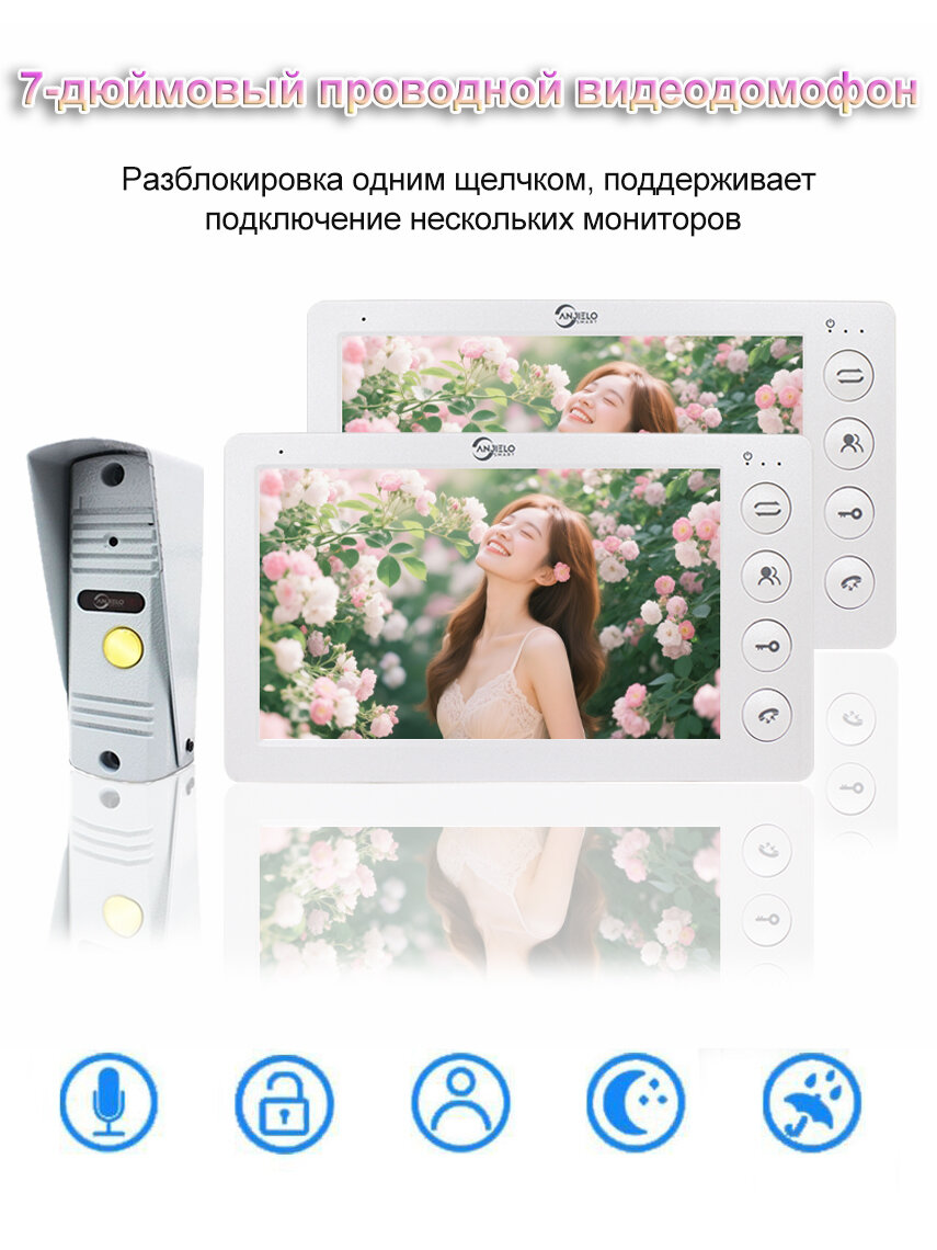 4-проводной видеодомофон с двумя мониторами 7 дюймов и вызывной панелью