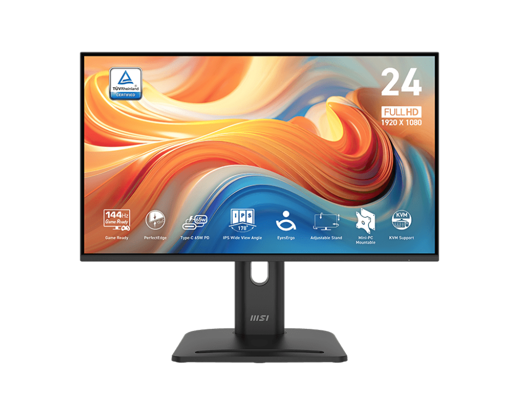 Монитор 23.8" MSI PRO MP245PHG E14 IPS 1920x1080, 144 Гц, 1 мс, 16:9, 300 кд/м², HDMI 2.0, DP 1.2, USB-C (65 Вт), USB Hub (2x USB-A, 1x USB-B), 3.5 Jack, динамики (2x2 Вт), HDR10, черный