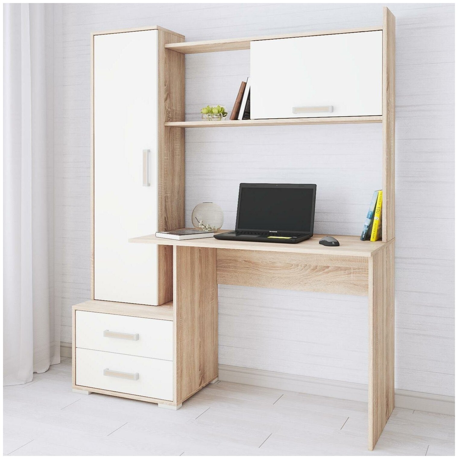 Компьютерный стол письменный для дома с полками 140см сонома/белый - ТК0318