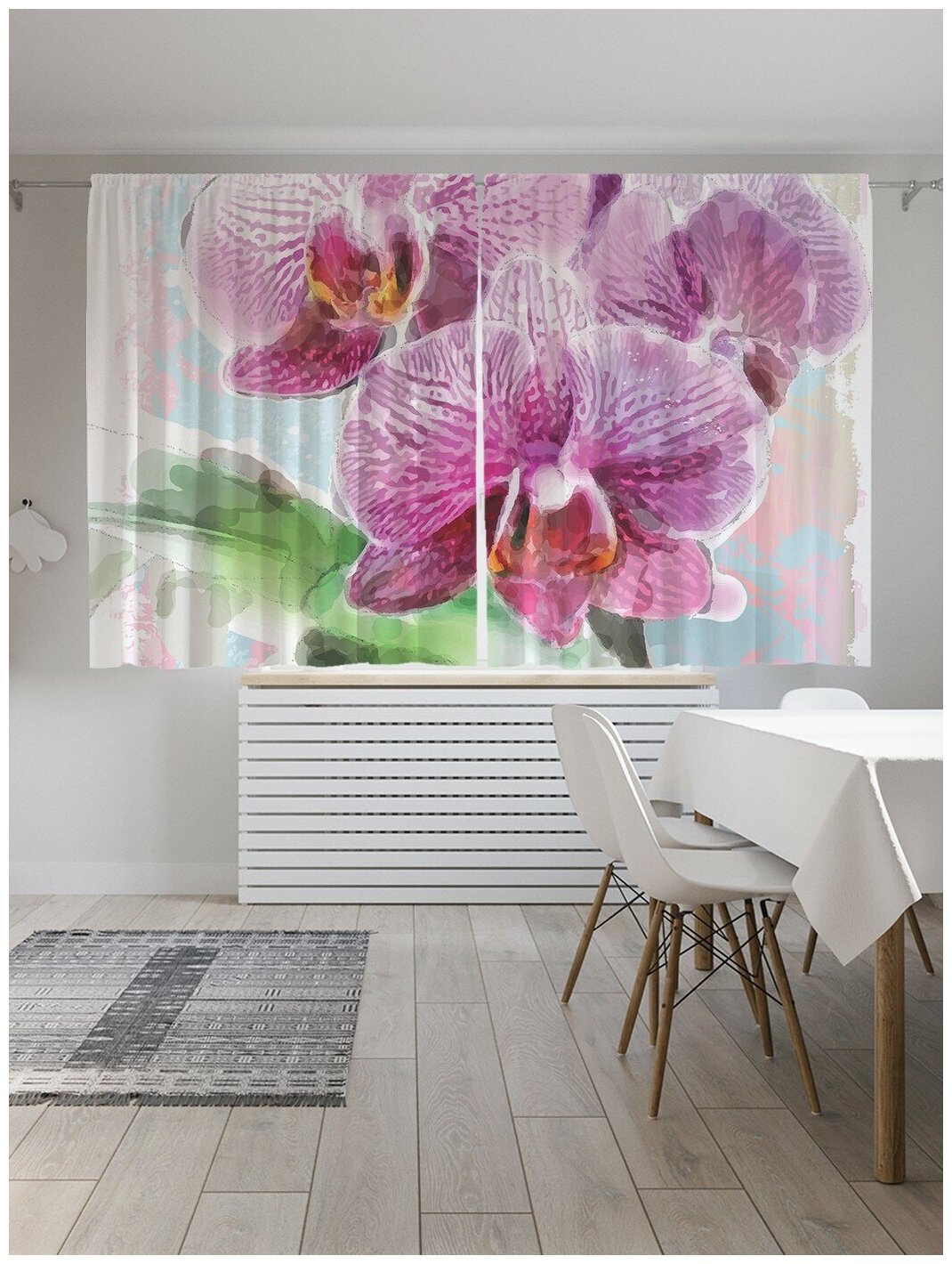 Фотошторы короткие "Акварельные орхидеи", 2 полотна шириной по 145 см, высота 180 см, JoyArty