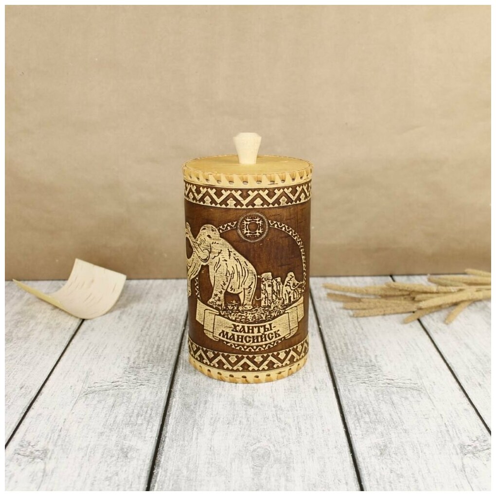 Туес "Мамонты", банка с крышкой, шитая, береста, 10 см x 17 см