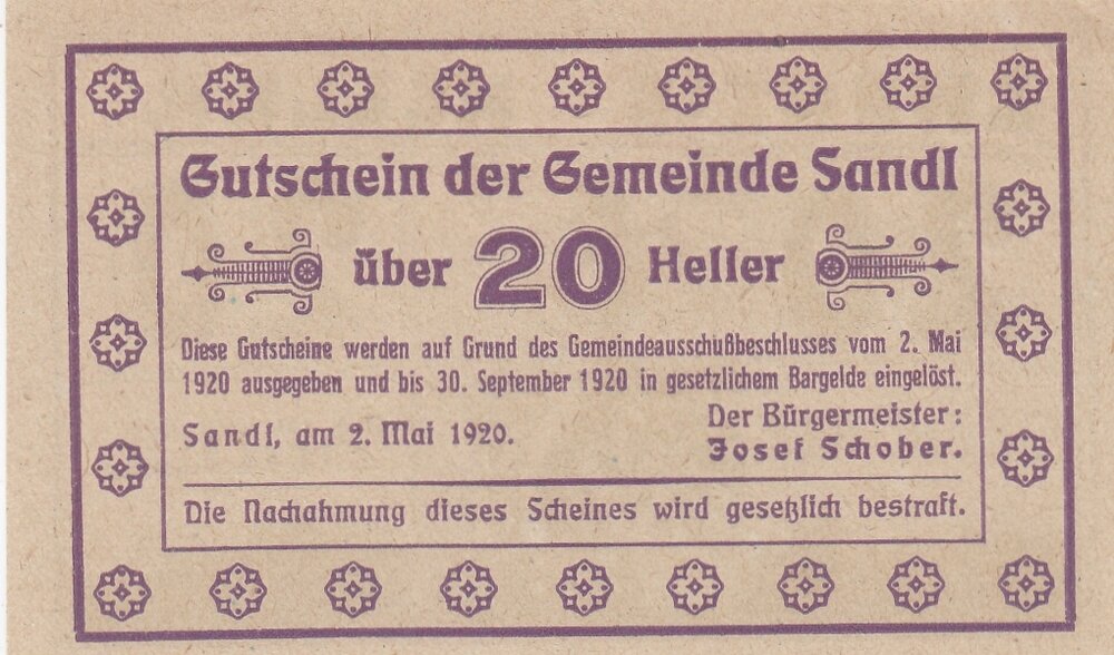 Австрия, Зандль 20 геллеров 1920 г. (№4)