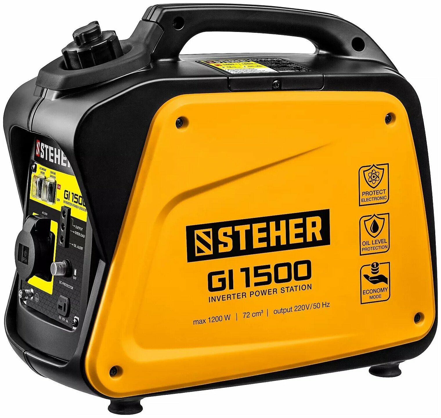 Инверторный генератор STEHER GI-1500 желтый/черный, мощность 1200 Вт, бензиновый, 4х тактный