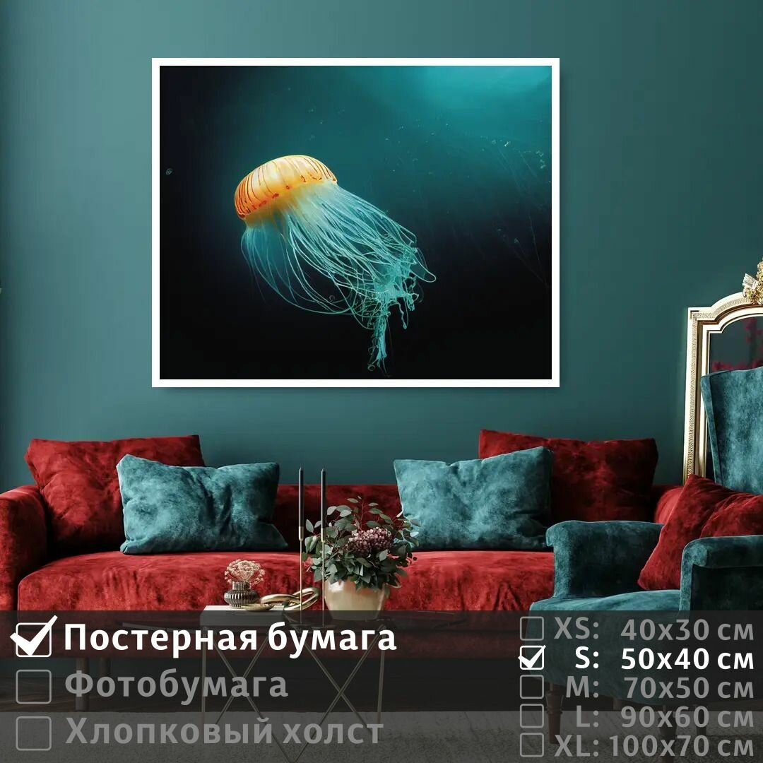 Постер на стену Медуза Плавает На Дне Океана 50х40 см ПолиЦентр