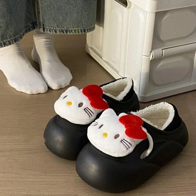 Hello Kitty, осенне-зимние женские хлопковые тапочки, милые теплые противоскользящие плюшевые тапочки на толстой подошве, домашняя обувь в японском стиле Kawaii