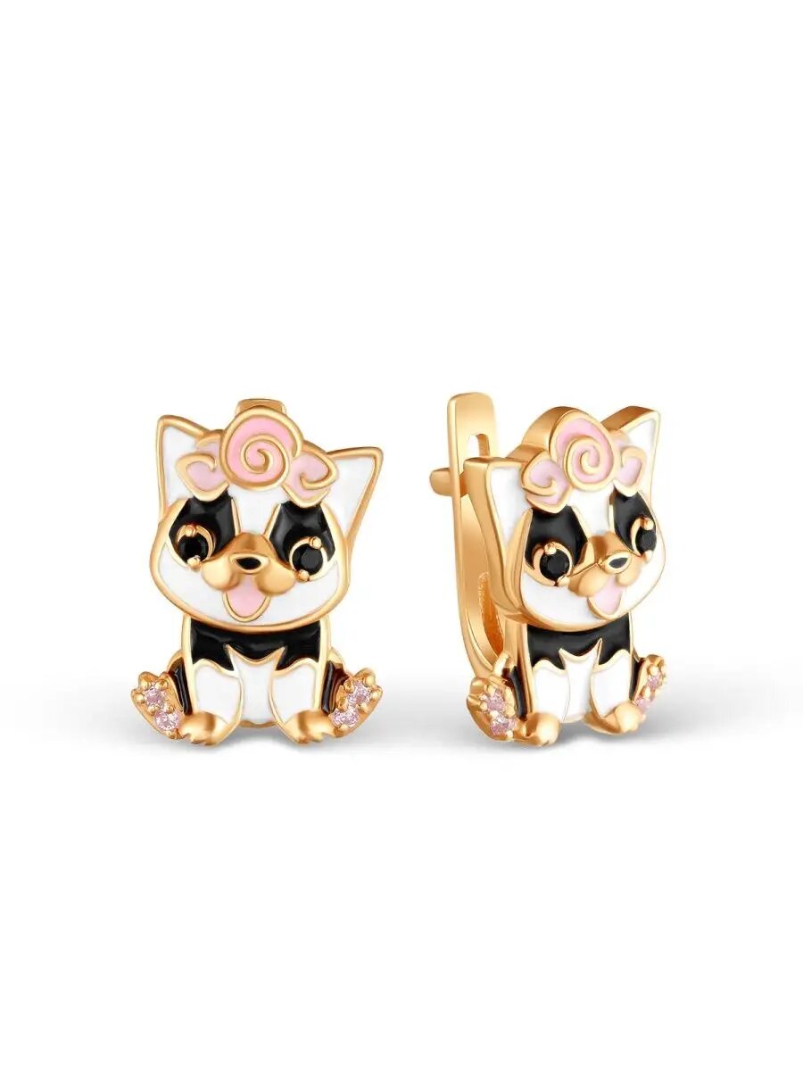 Серьги, серебро, 925 проба, золочение, эмаль, фианит