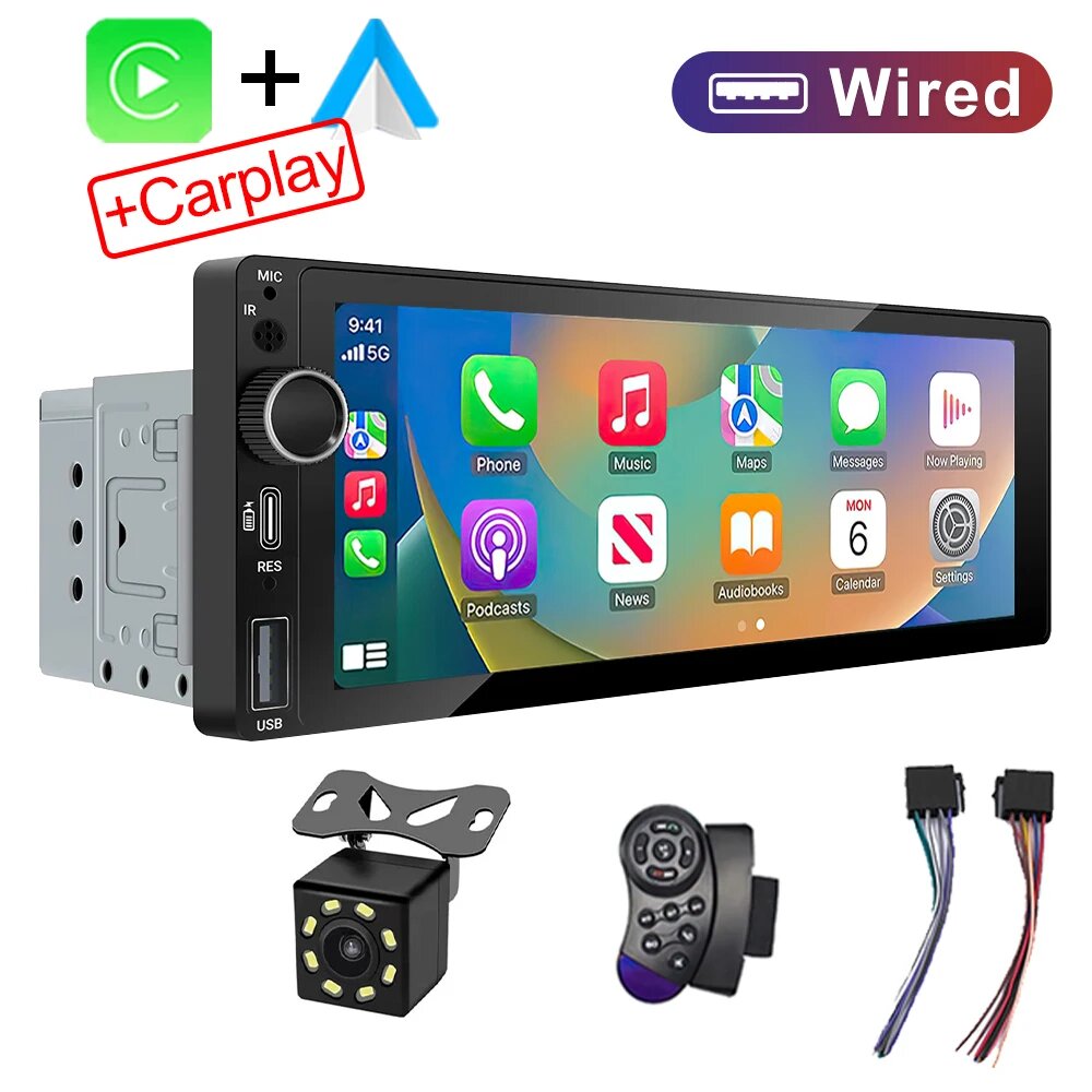 6.9' Автомагнитола 1DIN с Carplay, Bluetooth, USB, Цвет: Wired-691-8LED-R