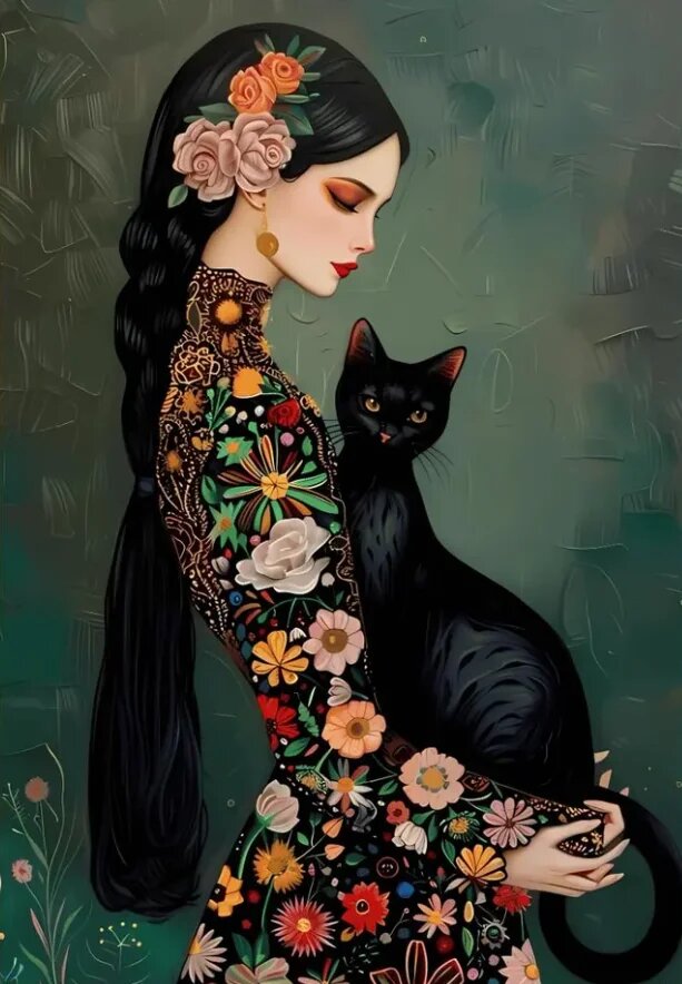 Картина на холсте "Богемный стиль Климта, женщина с котом" Черный, фиолетовый, 40x50cm no frame