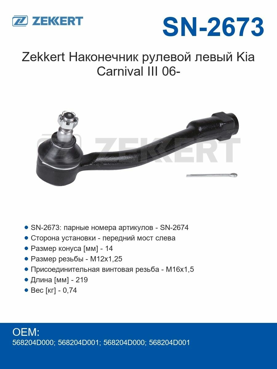 Zekkert Наконечник рулевой левый Kia Carnival III 06-