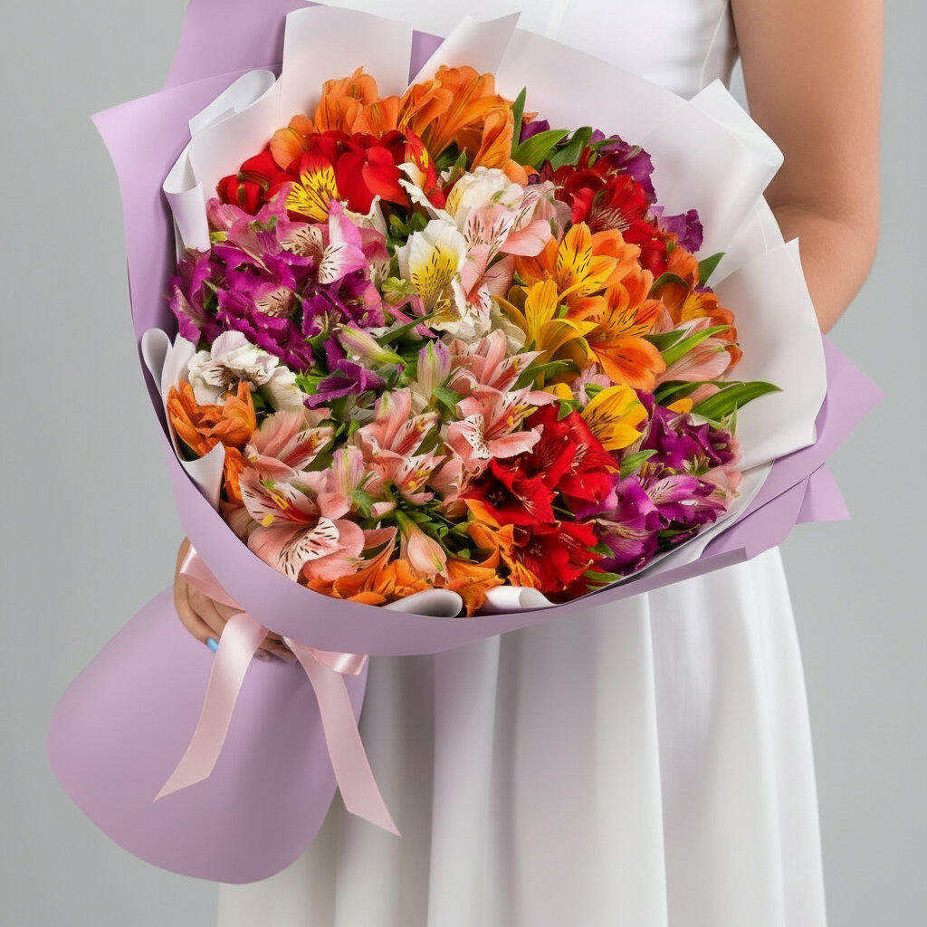 Букет Мегацвет24 "Альстромерия Микс", на стеблях, 19 цветов, в дизайнерской упаковке