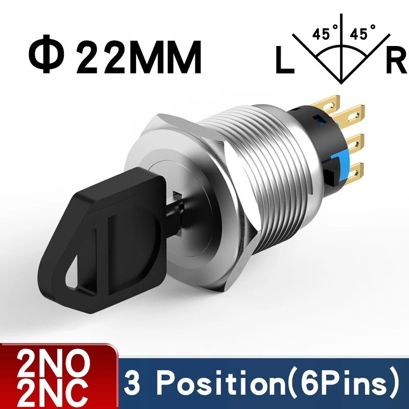 Металлический поворотный переключатель с ключом из нержавеющей стали 22MM 6Pins, Fixed Self-locking