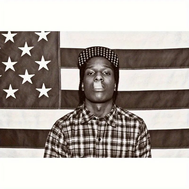 100-70 Музыкальный гобелен-флаг ASAP Rocky, черно-белый фон в стиле хип-хоп, качественный баннер для интерьера, оригинальный декор любителей рэп-культуры.