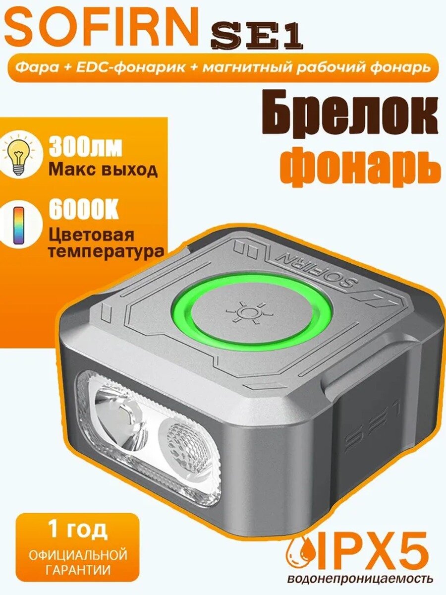 Фонарь-брелок серый, 75 люмен, 3 Вт, 4 режима, IPX5, 3×3×1.4