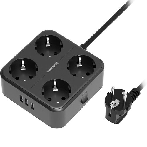 Сетевой фильтр TESSAN TS-302 квадрат 4 евро розетки 2.5 кВт зарядка 3 порта USB-А 2.4А - 1.5м чёрный