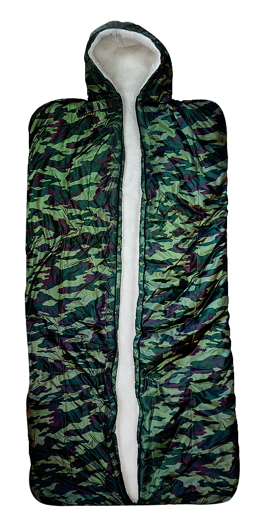 Теплый спальный мешок "Богатырь" на меху с капюшоном, камуфляж, 48–68