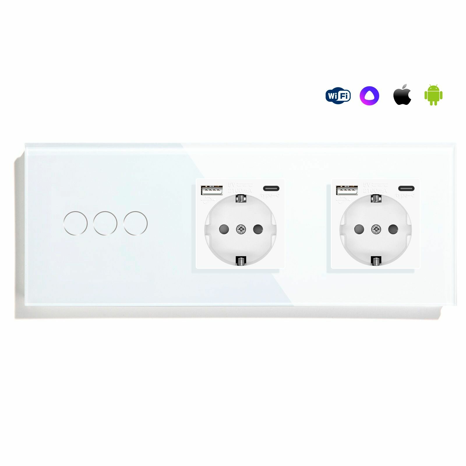 Сенсорный выключатель трёхклавишный с двойной розеткой MVAVA Wi-Fi, умный, с Алисой, для умного дома, с USB Type-C, с подсветкой, стекло, с заземлением, белый