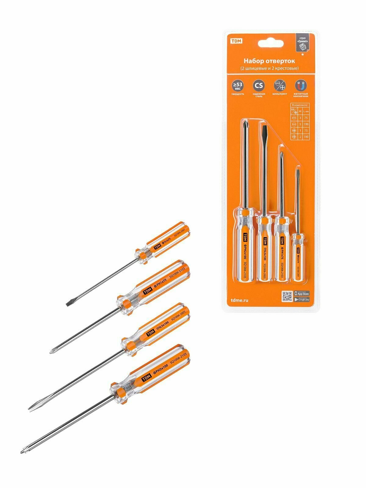 Набор отверток 4 шт: SL3x75, SL5х100, PH1х75, PH2х100 (блистер), CS "Гранит" TDM