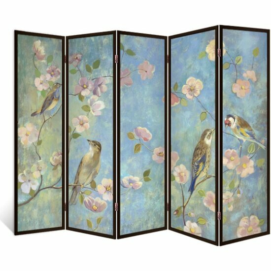 Ширма перегородка Декор Депо для комнаты деревянная "Райские воробушки" двухсторонняя с картинкой (живопись) 5 створок венге 176х230 см 18 кг
