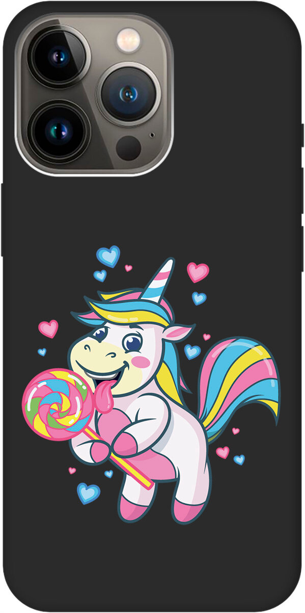 Силиконовый чехол на Apple iPhone 14 Pro Max / Эпл Айфон 14 Про Макс с рисунком "Unicorn and candy" Soft Touch черный