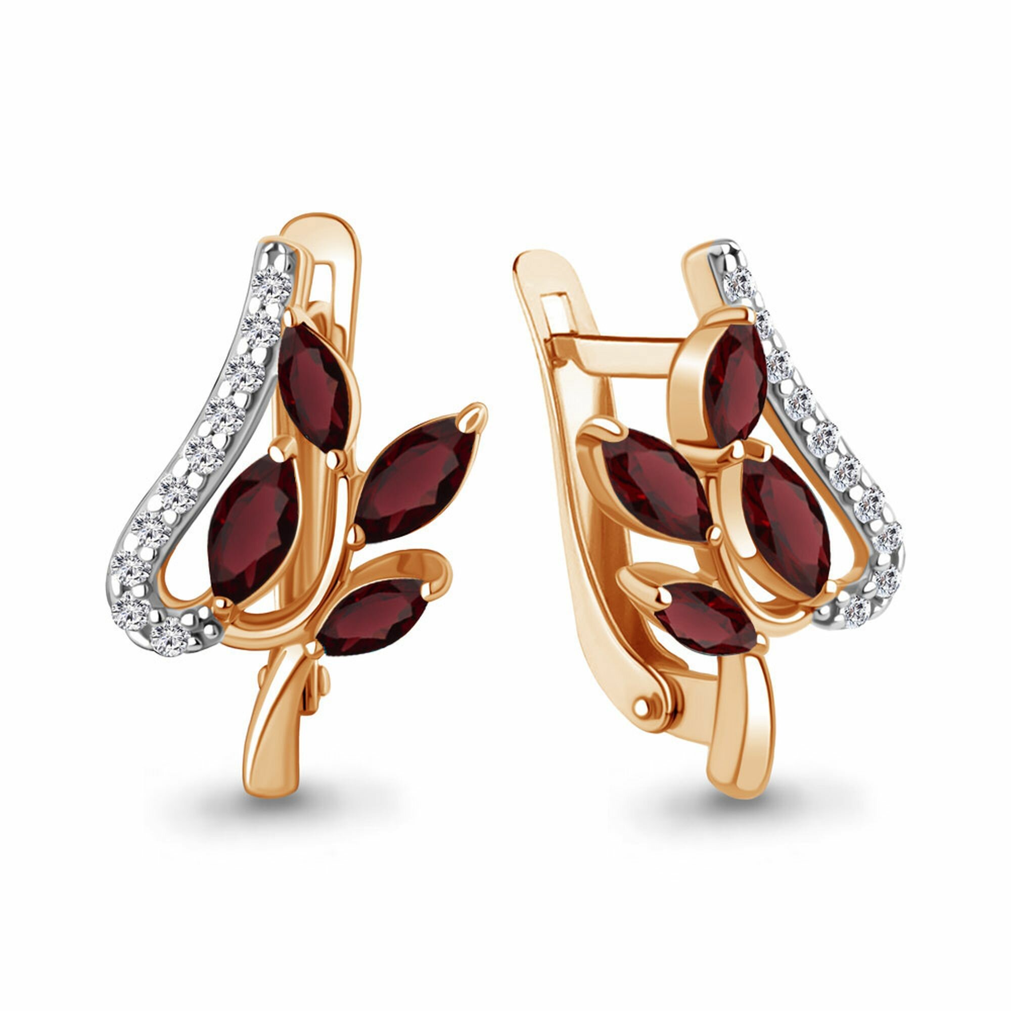 Серьги, серебро, 925 проба, золочение, гранат, фианит