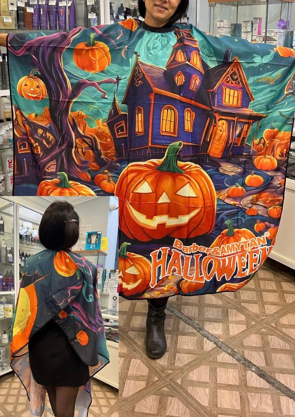 Пеньюар для стрижки HELLOWEEN "Тыква", водоотталкивающий, полиэстер, оранжевый, 160 см x 140 см