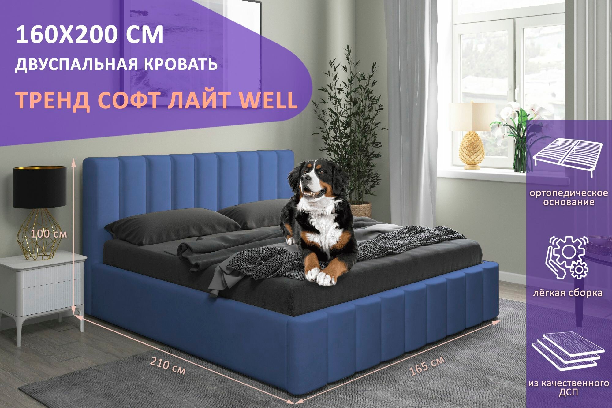 Двуспальная кровать Тренд Софт Лайт WELL 160х200 см, с ортопедическим подъемным механизмом, без ножек, цвет синий