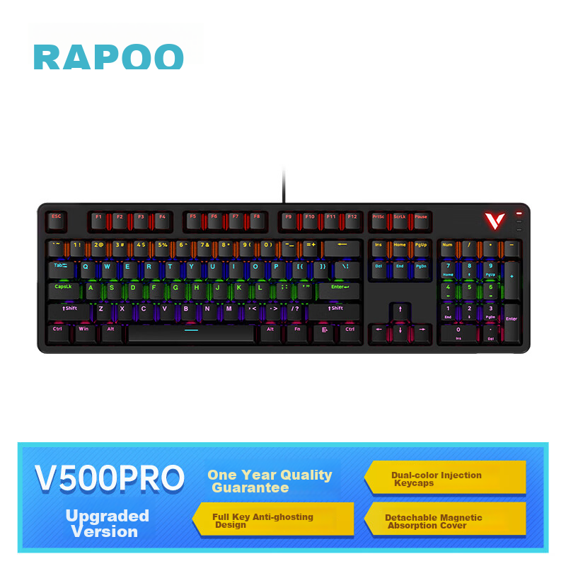 Rapoo V500PRO Механическая клавиатура 104 клавиши с подсветкой, линейные переключатели для игр и офиса Цвет и эффект