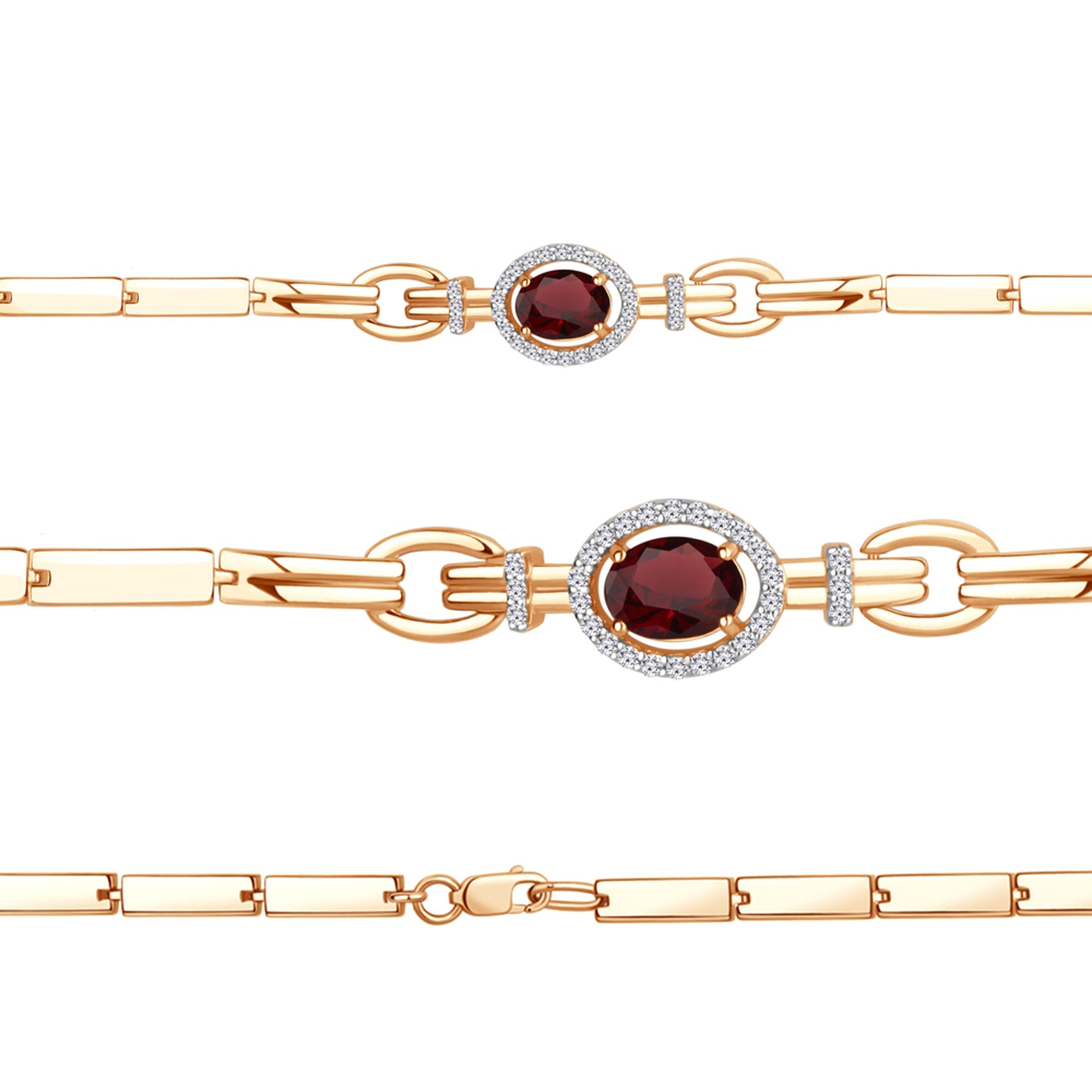 Браслет, серебро, 925 проба, золочение, гранат, фианит