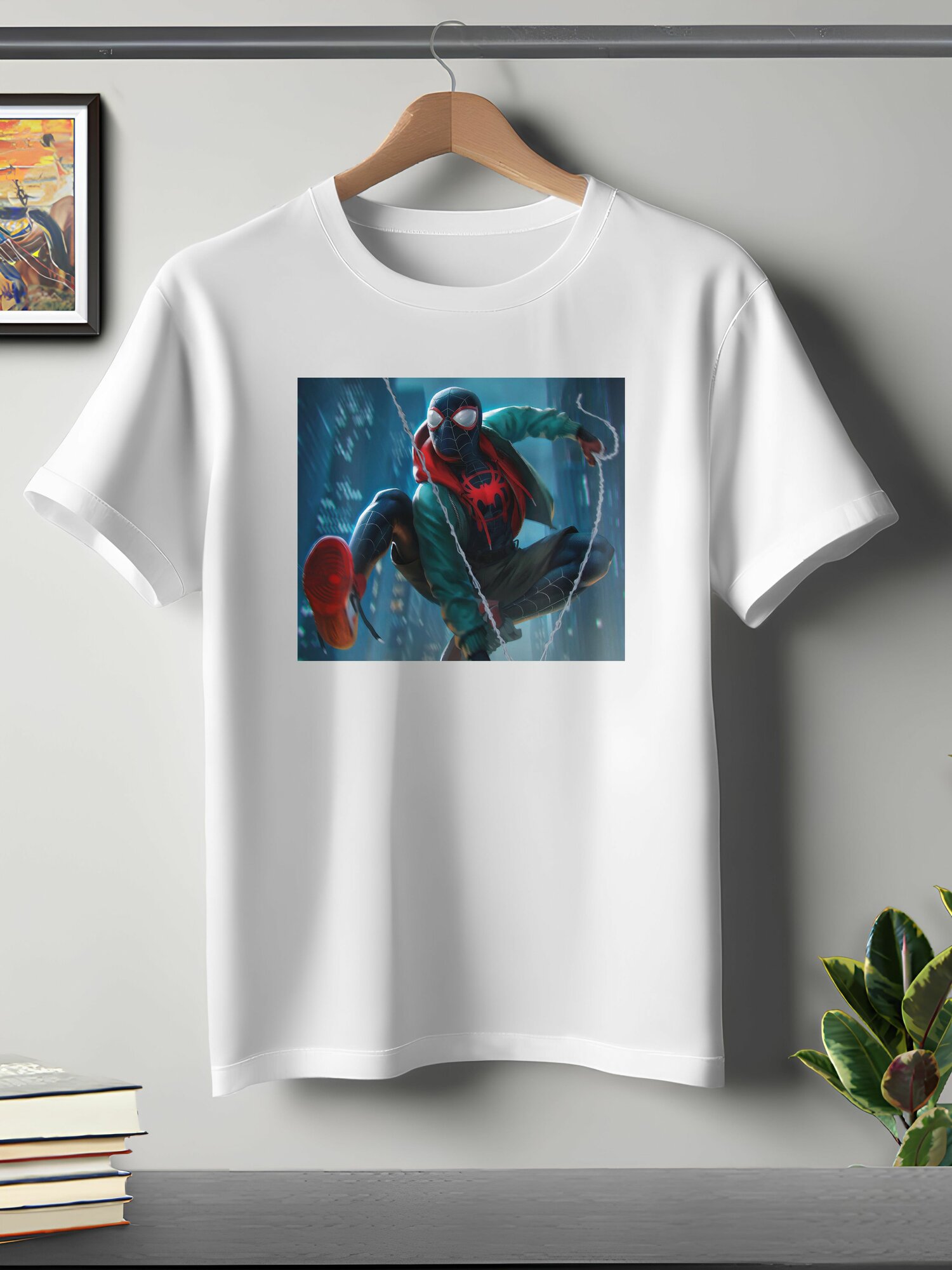 Футболка  Детская ONEQ 110 (5-6) размер с принтом Человек Паук Майлз Моралес, белая