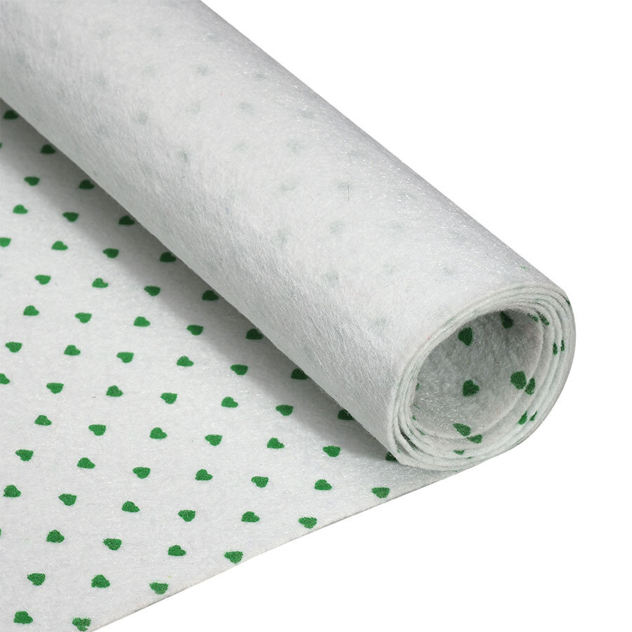 Фетр твердый с рисунком "Сердечки" 1 мм в рулоне / 90 х 100 см / белый-зеленый 8114