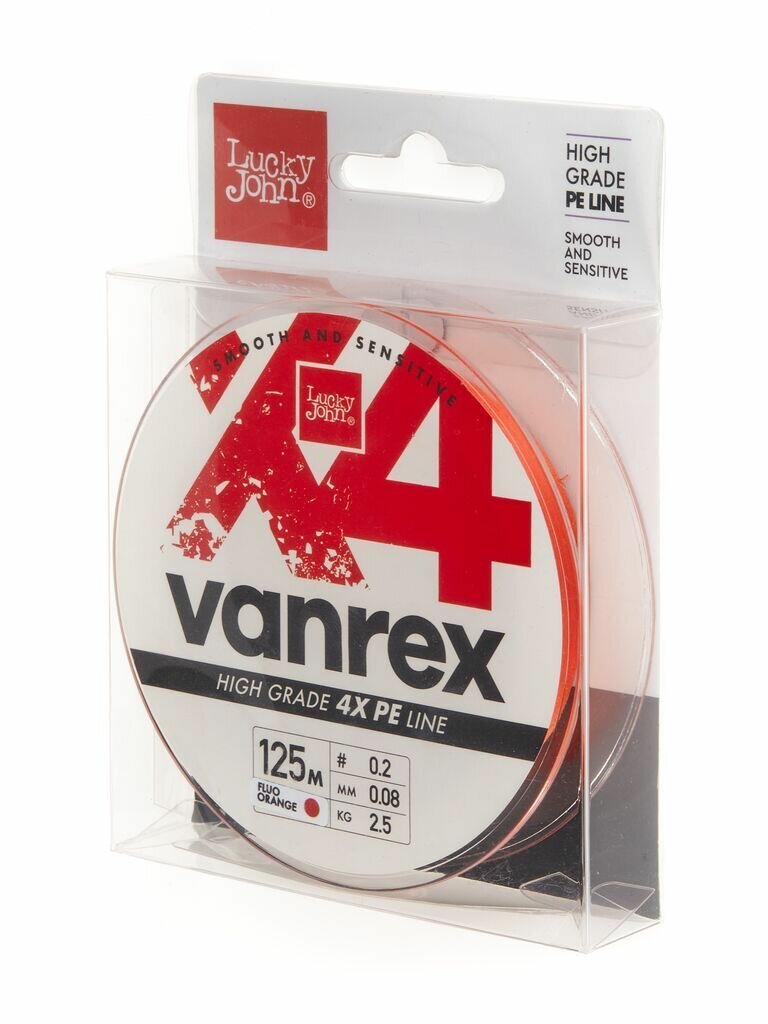 Леска плетёная, шнур Lucky John Vanrex х4 BRAID Fluo Orange 125/008 ++