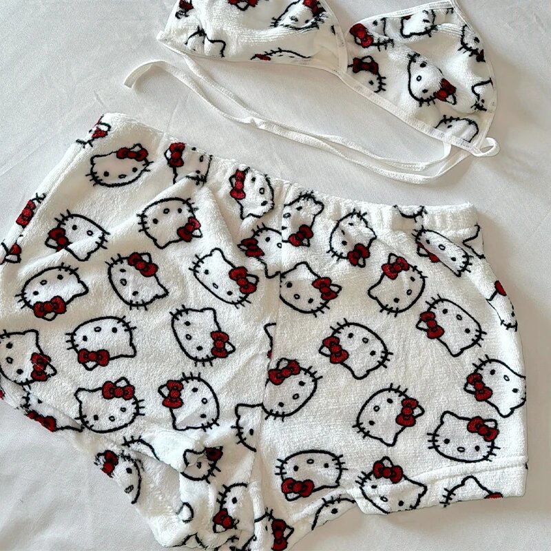 MINISO Sanrio Hello Kitty розовый плюшевый пижамный комплект 2 шт. Белый, White, S Waist76cm
