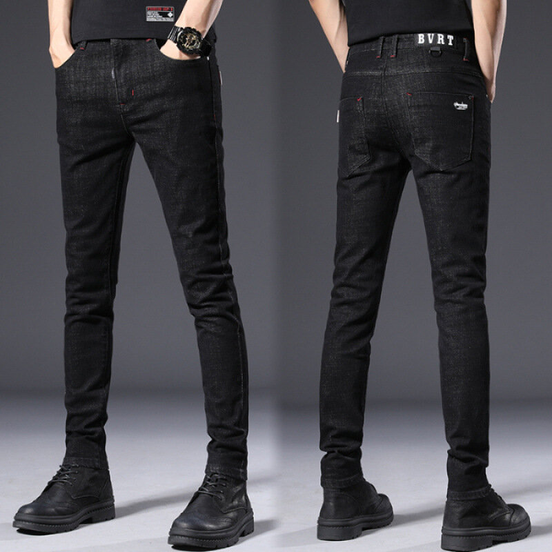 Слим тапер джинсы Rong Новые джинсы мужские узкие эластичные корейский стиль черные стройные весенне-осенние, Размер_30